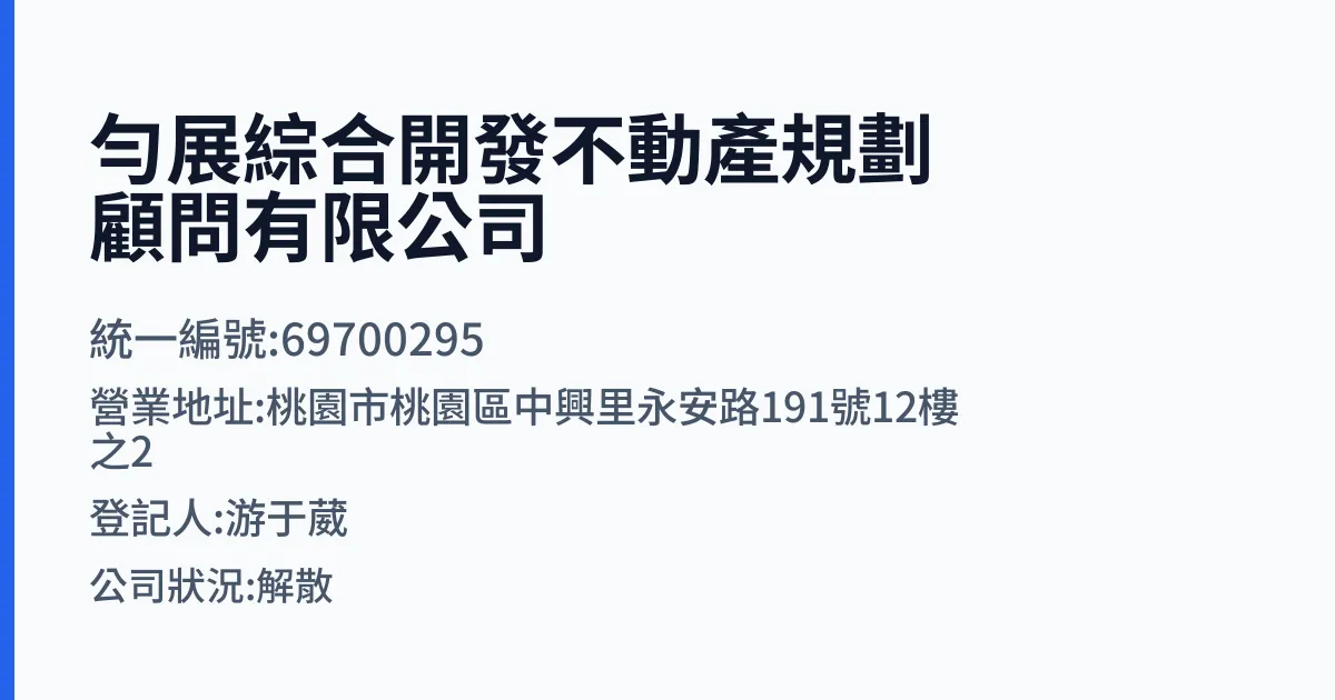 勻展綜合開發不動產規劃顧問有限公司 - 統編 69700295(桃園市) 公司登記資料與營業項目詳細圖表