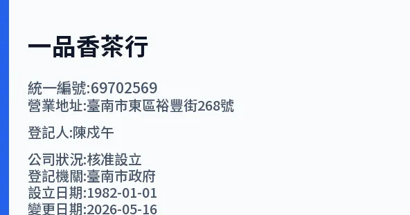 一品香茶行的照片-統編 69702569(臺南市) 公司登記資料與營業項目詳細圖表