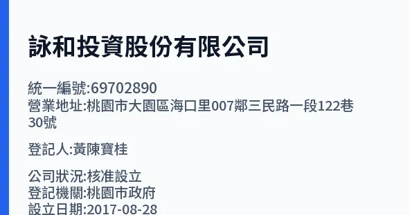詠和投資股份有限公司的照片-統編 69702890(桃園市) 公司登記資料與營業項目詳細圖表