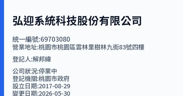 弘迎系統科技股份有限公司的照片-統編 69703080(桃園市) 公司登記資料與營業項目詳細圖表