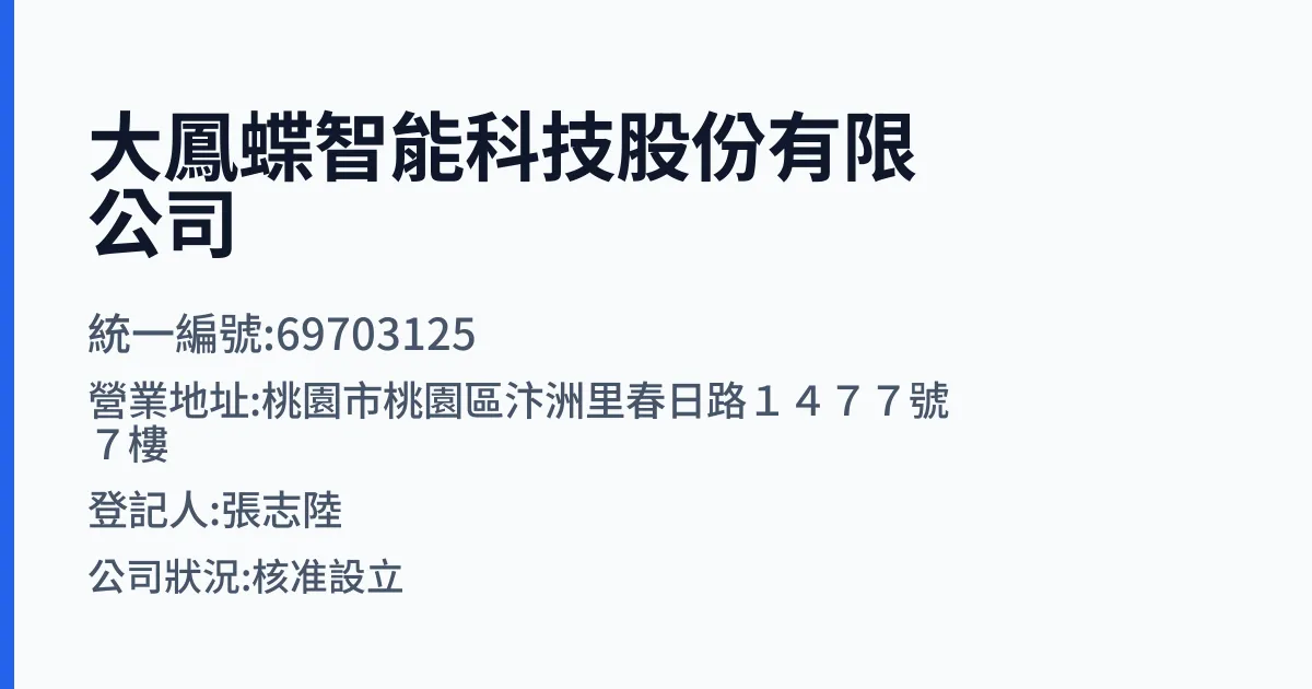 大鳳蝶智能科技股份有限公司 - 統編 69703125(桃園市) 公司登記資料與營業項目詳細圖表