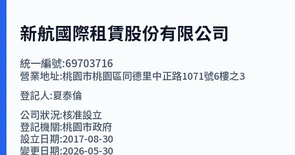 新航國際租賃股份有限公司的照片-統編 69703716(桃園市) 公司登記資料與營業項目詳細圖表