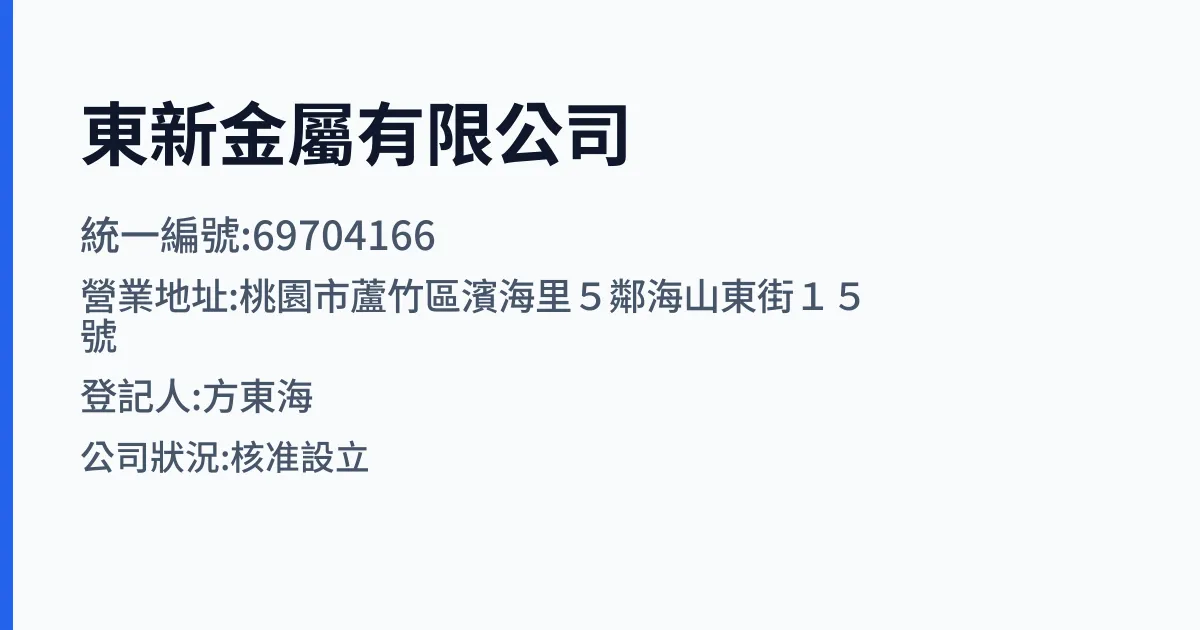 東新金屬有限公司 - 統編 69704166(桃園市) 公司登記資料與營業項目詳細圖表