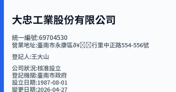 大忠工業股份有限公司的照片-統編 69704530(臺南市) 公司登記資料與營業項目詳細圖表