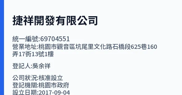 捷祥開發有限公司的照片-統編 69704551(桃園市) 公司登記資料與營業項目詳細圖表
