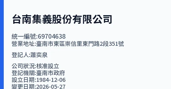 台南集義股份有限公司的照片-統編 69704638(臺南市) 公司登記資料與營業項目詳細圖表