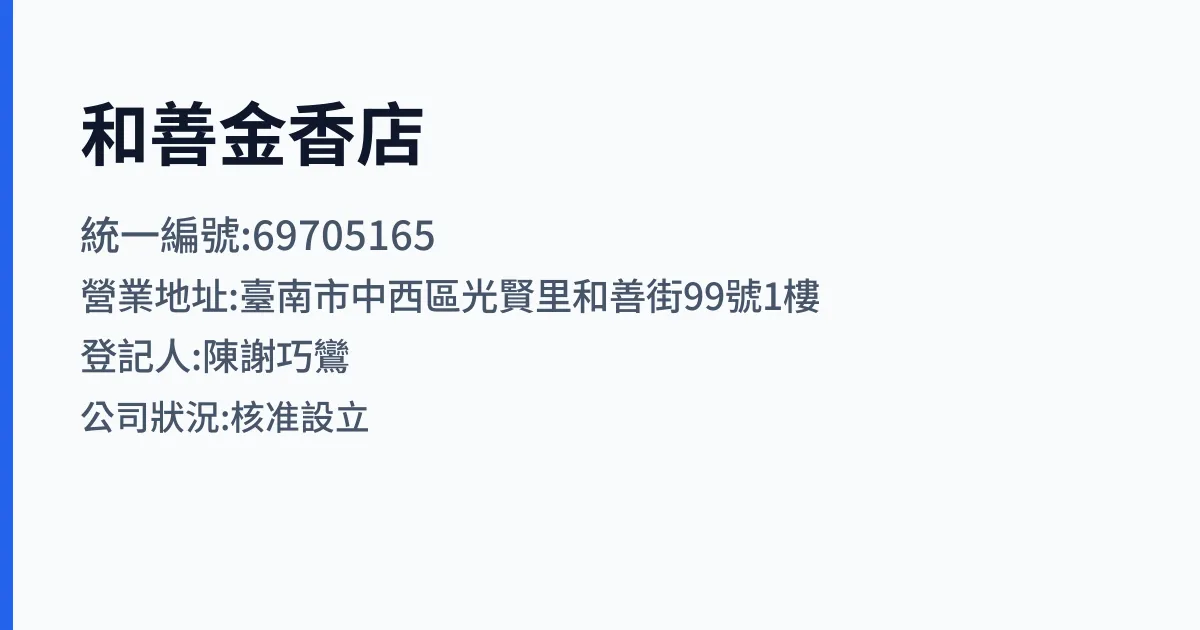 和善金香店 - 統編 69705165(臺南市) 公司登記資料與營業項目詳細圖表