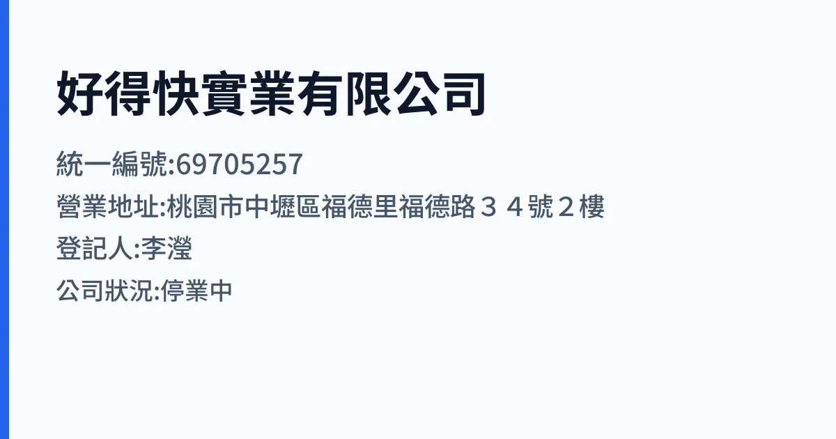 好得快實業有限公司 - 統編 69705257(桃園市) 公司登記資料與營業項目詳細圖表