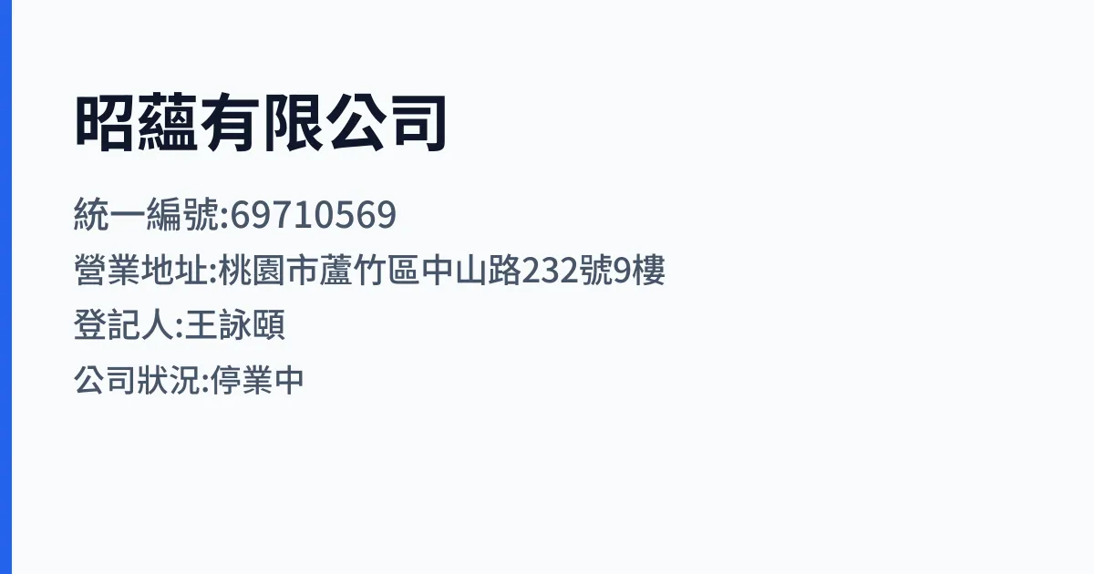 昭蘊有限公司 - 統編 69710569(桃園市) 公司登記資料與營業項目詳細圖表