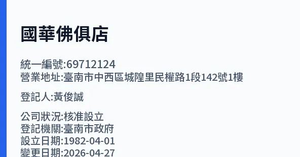 國華佛俱店的照片-統編 69712124(臺南市) 公司登記資料與營業項目詳細圖表