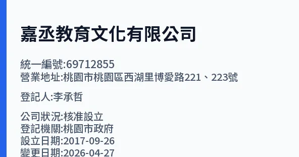 嘉丞教育文化有限公司的照片-統編 69712855(桃園市) 公司登記資料與營業項目詳細圖表