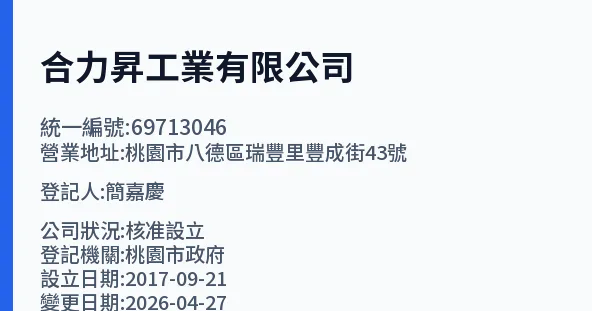 合力昇工業有限公司的照片-統編 69713046(桃園市) 公司登記資料與營業項目詳細圖表