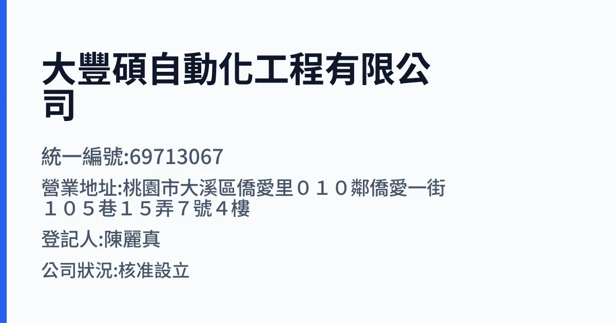 大豐碩自動化工程有限公司 - 統編 69713067(桃園市) 公司登記資料與營業項目詳細圖表