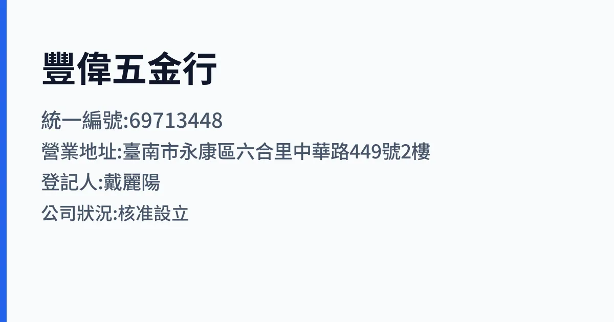 豐偉五金行 - 統編 69713448(臺南市) 公司登記資料與營業項目詳細圖表