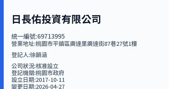 日長佑投資有限公司的照片-統編 69713995(桃園市) 公司登記資料與營業項目詳細圖表