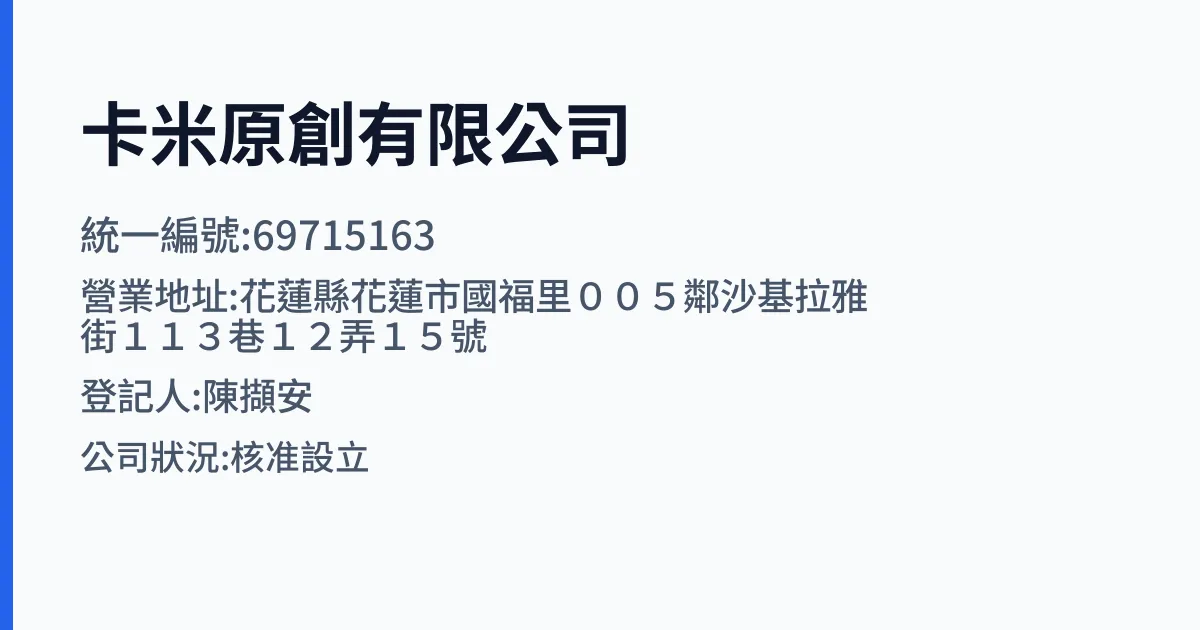 卡米原創有限公司 - 統編 69715163(臺中市) 公司登記資料與營業項目詳細圖表