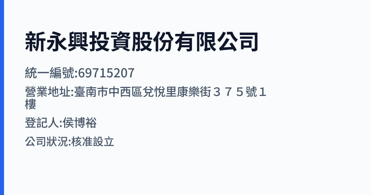 新永興投資股份有限公司 - 統編 69715207(臺南市) 公司登記資料與營業項目詳細圖表