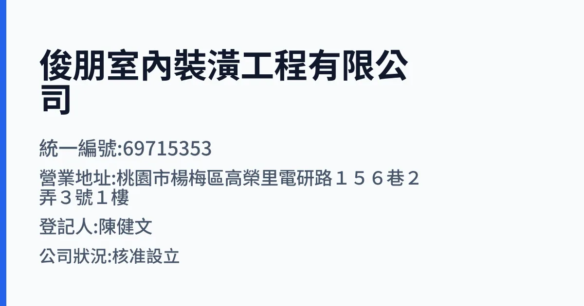 俊朋室內裝潢工程有限公司 - 統編 69715353(桃園市) 公司登記資料與營業項目詳細圖表
