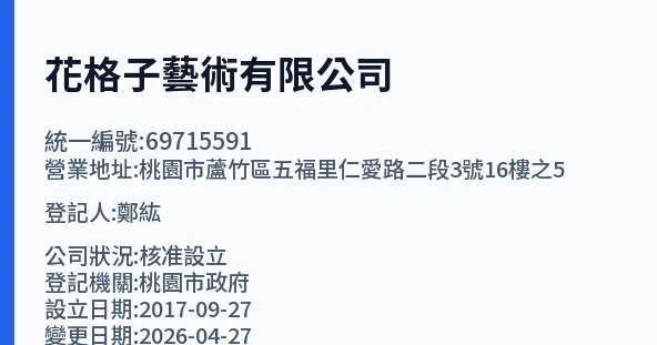 花格子藝術有限公司的照片-統編 69715591(桃園市) 公司登記資料與營業項目詳細圖表
