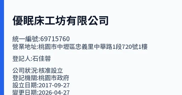 優眠床工坊有限公司的照片-統編 69715760(桃園市) 公司登記資料與營業項目詳細圖表