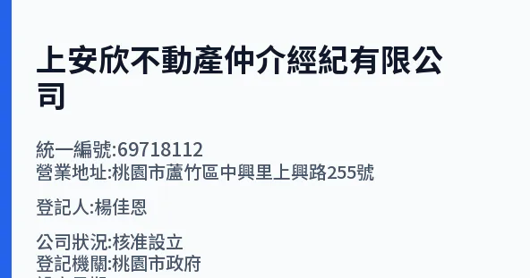 上安欣不動產仲介經紀有限公司的照片-統編 69718112(桃園市) 公司登記資料與營業項目詳細圖表