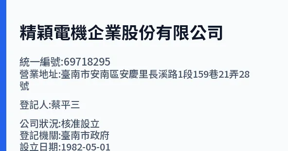 精穎電機企業股份有限公司的照片-統編 69718295(臺南市) 公司登記資料與營業項目詳細圖表