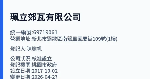 珮立郊瓦有限公司的照片-統編 69719061(新北市) 公司登記資料與營業項目詳細圖表
