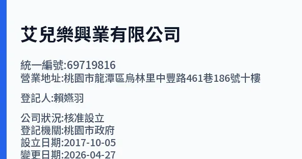 艾兒樂興業有限公司的照片-統編 69719816(桃園市) 公司登記資料與營業項目詳細圖表