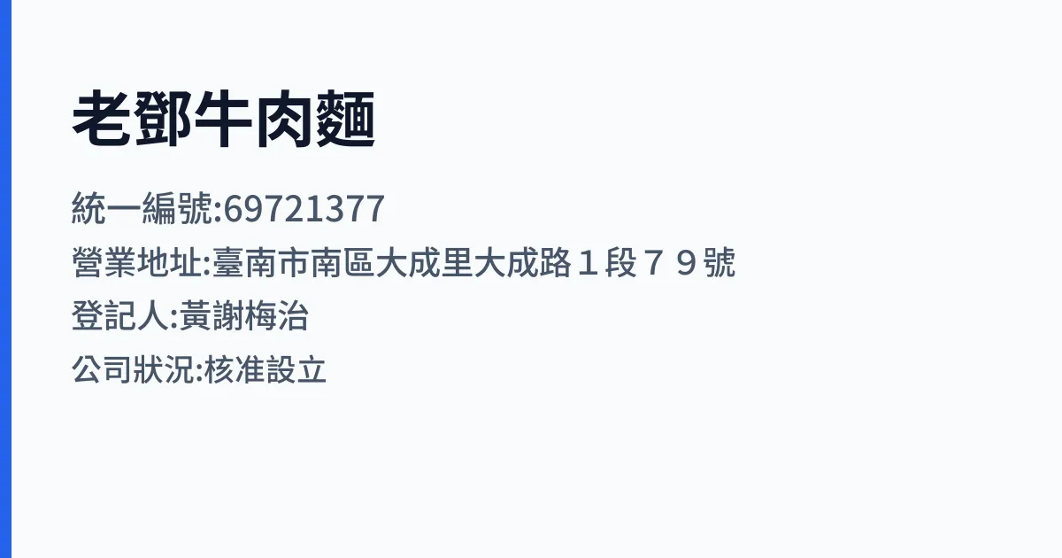 老鄧牛肉麵 - 統編 69721377(臺南市) 公司登記資料與營業項目詳細圖表