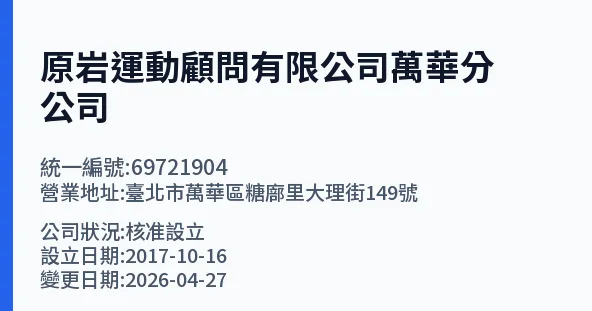 原岩運動顧問有限公司萬華分公司的照片-統編 69721904(臺北市) 公司登記資料與營業項目詳細圖表