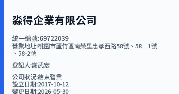 淼得企業有限公司的照片-統編 69722039(桃園市) 公司登記資料與營業項目詳細圖表