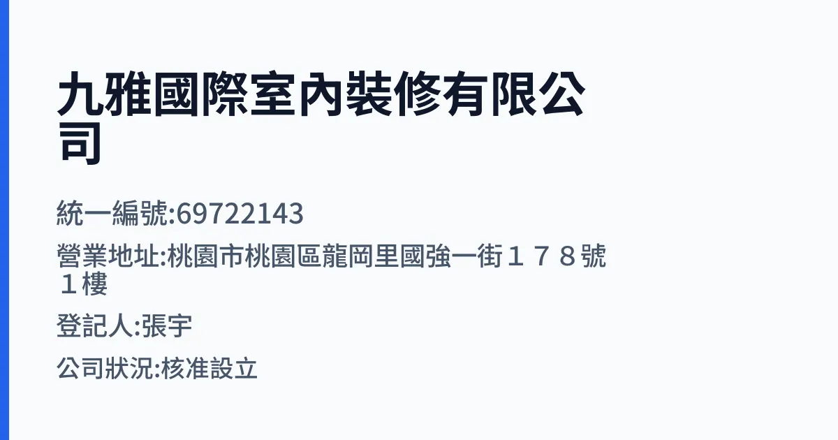 九雅國際室內裝修有限公司 - 統編 69722143(桃園市) 公司登記資料與營業項目詳細圖表