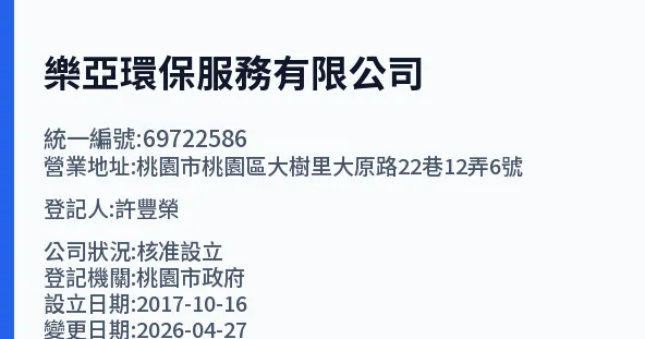 樂亞環保服務有限公司的照片-統編 69722586(桃園市) 公司登記資料與營業項目詳細圖表