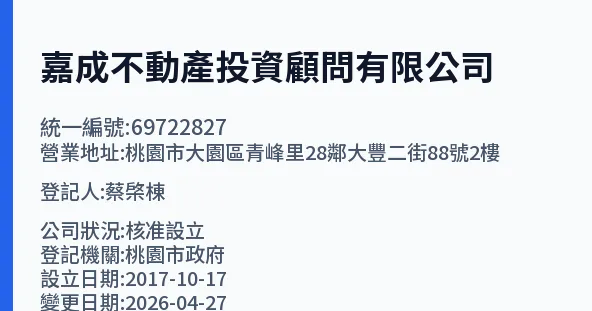 嘉成不動產投資顧問有限公司的照片-統編 69722827(桃園市) 公司登記資料與營業項目詳細圖表