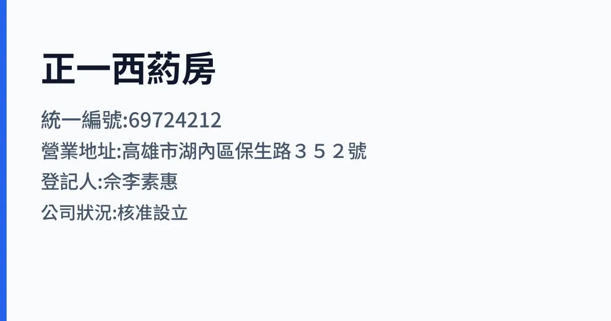 正一西葯房 - 統編 69724212(高雄市) 公司登記資料與營業項目詳細圖表