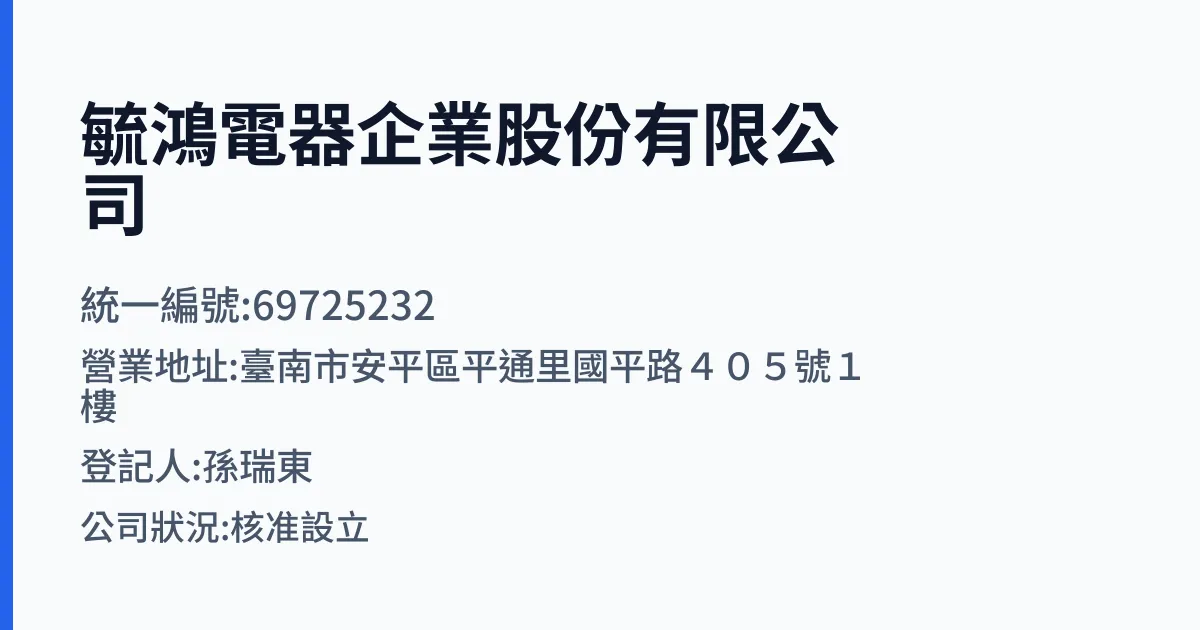 毓鴻電器企業股份有限公司 - 統編 69725232(臺南市) 公司登記資料與營業項目詳細圖表