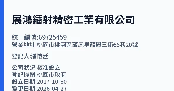 展鴻鐳射精密工業有限公司的照片-統編 69725459(桃園市) 公司登記資料與營業項目詳細圖表