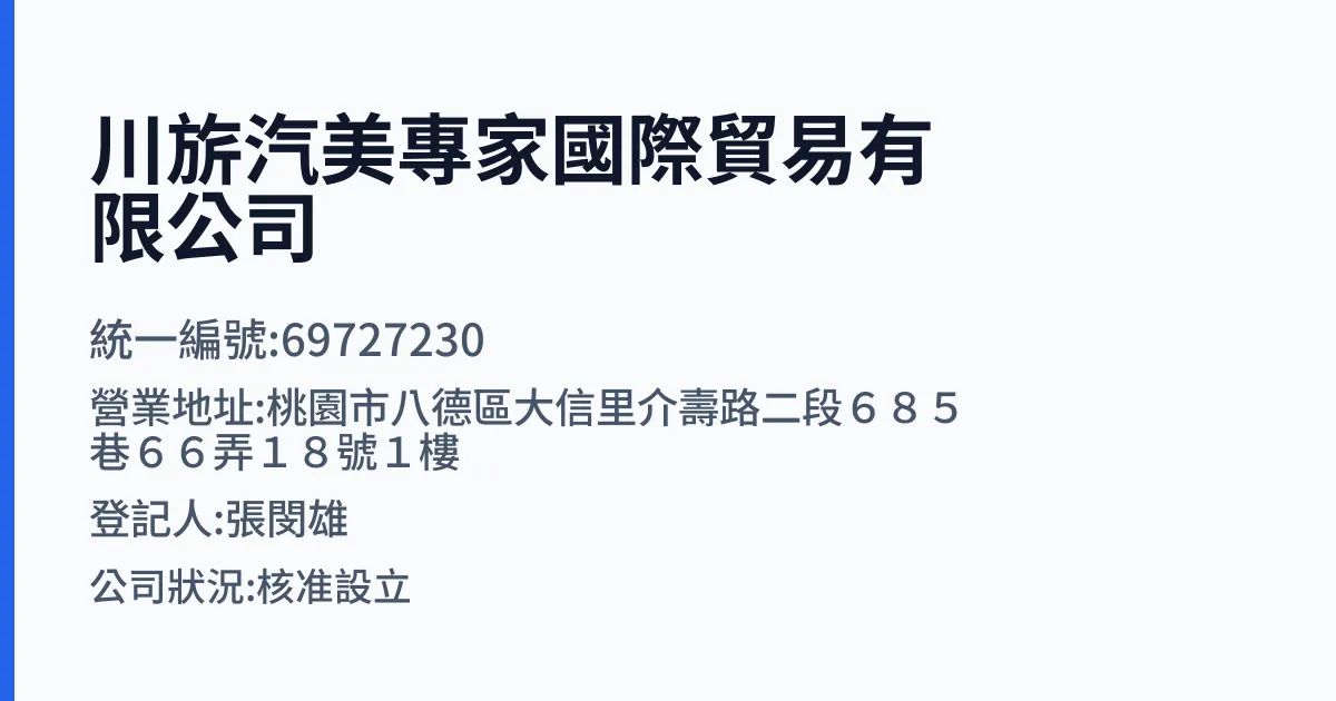 川旂汽美專家國際貿易有限公司 - 統編 69727230(桃園市) 公司登記資料與營業項目詳細圖表