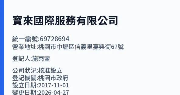 寶來國際服務有限公司的照片-統編 69728694(桃園市) 公司登記資料與營業項目詳細圖表