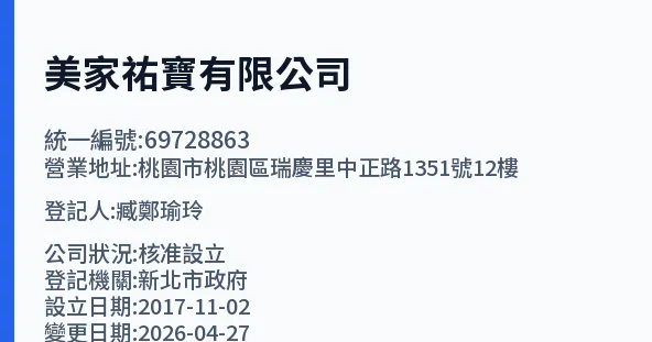美家祐寶有限公司的照片-統編 69728863(桃園市) 公司登記資料與營業項目詳細圖表