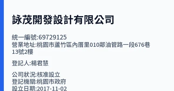 詠茂開發設計有限公司的照片-統編 69729125(桃園市) 公司登記資料與營業項目詳細圖表