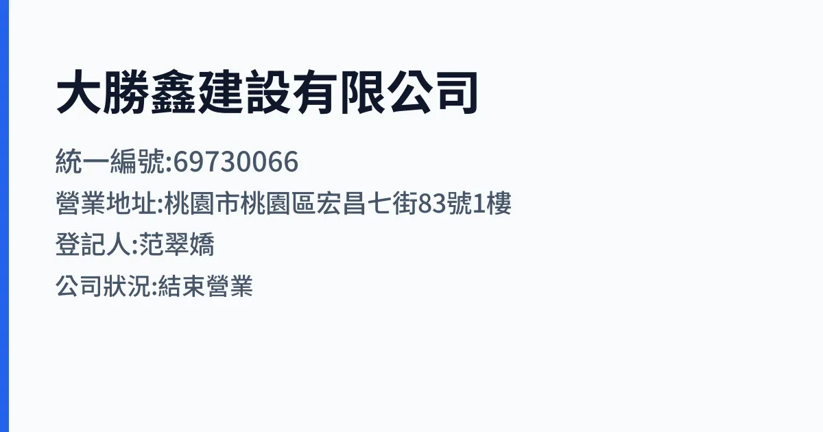 大勝鑫建設有限公司 - 統編 69730066(桃園市) 公司登記資料與營業項目詳細圖表