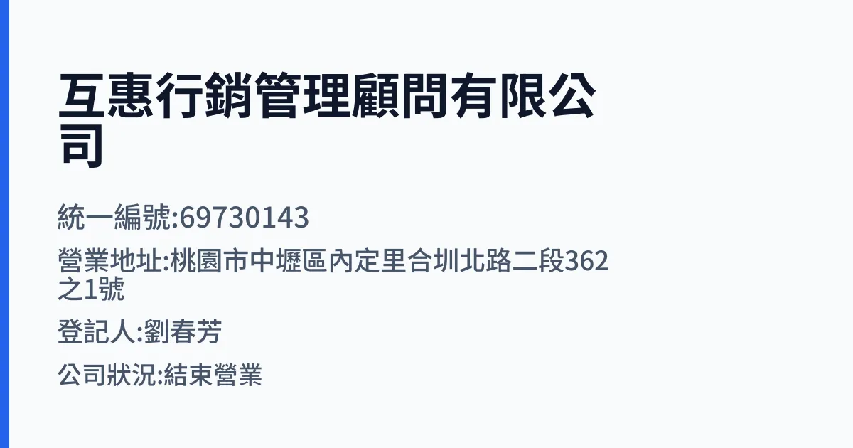 互惠行銷管理顧問有限公司 - 統編 69730143(桃園市) 公司登記資料與營業項目詳細圖表