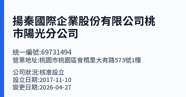揚秦國際企業股份有限公司桃市陽光分公司的照片-統編 69731494(桃園市) 公司登記資料與營業項目詳細圖表