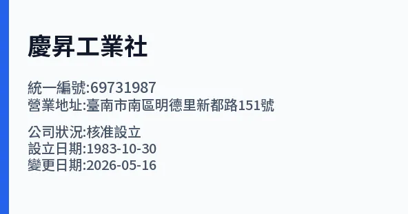 慶昇工業社的照片-統編 69731987(臺南市) 公司登記資料與營業項目詳細圖表