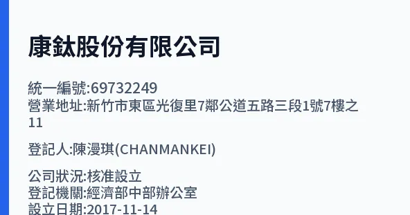 康鈦股份有限公司的照片-統編 69732249(新竹市) 公司登記資料與營業項目詳細圖表
