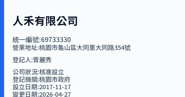 人禾有限公司的照片-統編 69733330(桃園市) 公司登記資料與營業項目詳細圖表