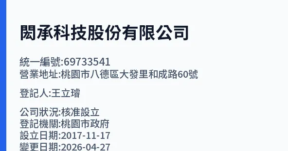 閎承科技股份有限公司的照片-統編 69733541(桃園市) 公司登記資料與營業項目詳細圖表