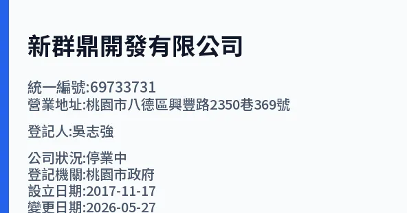 新群鼎開發有限公司的照片-統編 69733731(桃園市) 公司登記資料與營業項目詳細圖表