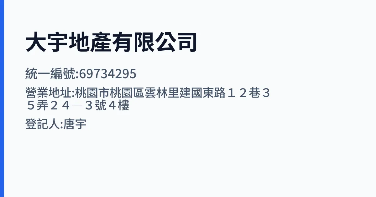 大宇地產有限公司 - 統編 69734295(桃園市) 公司登記資料與營業項目詳細圖表